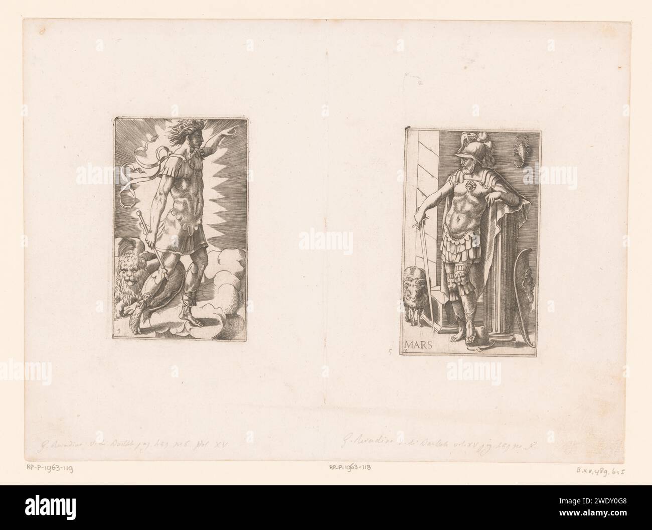 Apollo in armor surrounded by rays of sunshine, next to him a lion ...