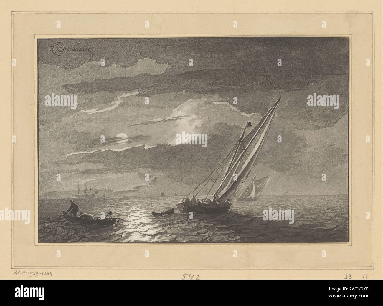 Sea viewing with full moon, Cornelis Brouwer, After Ludolf Bakhuysen ...