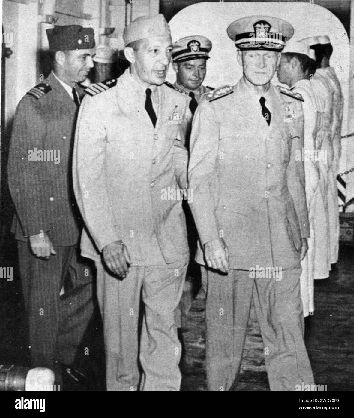 Admiral Marc A. Mitscher visits USS Leyte (CV-32), in 1946 Stock Photo ...