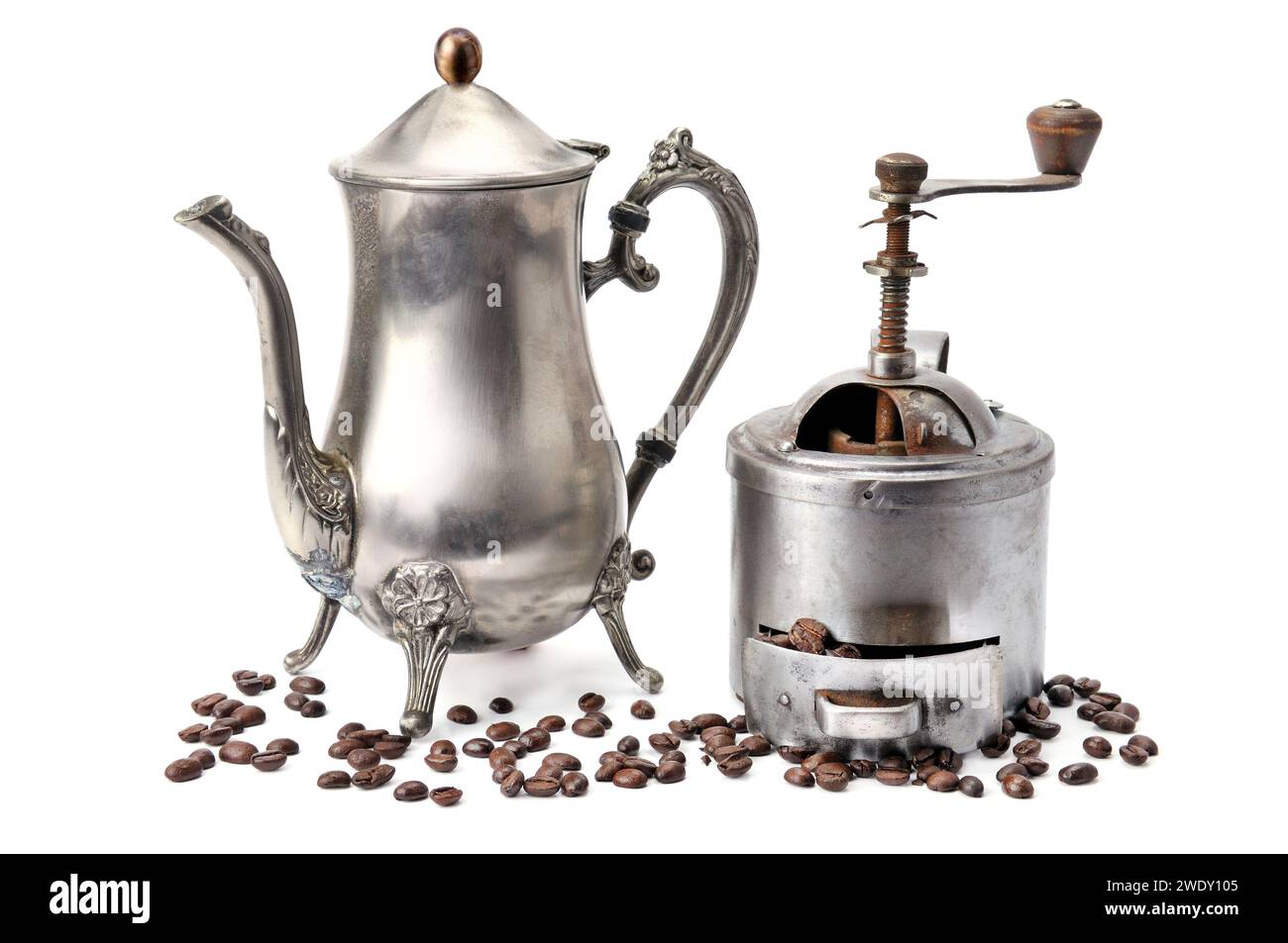 Old coffee pot, grinder coffee and beans isolated on white background ...