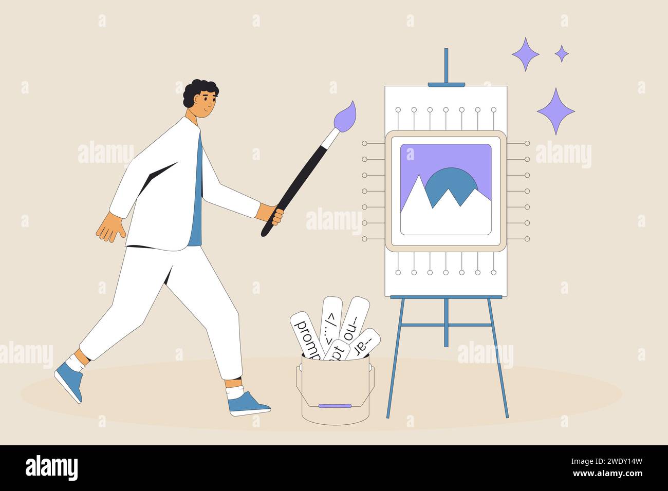 Prompt engineering. Man painting with using artificial general ... Prompt engineering. Man painting with using artificial general ...