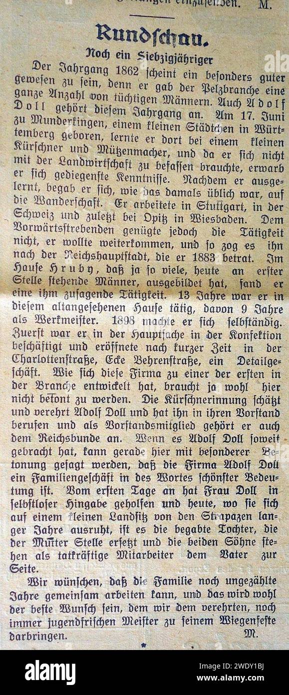 Adolf Doll, Kürschnermeister, Berlin, 70 Jahre (1922 Stock Photo - Alamy