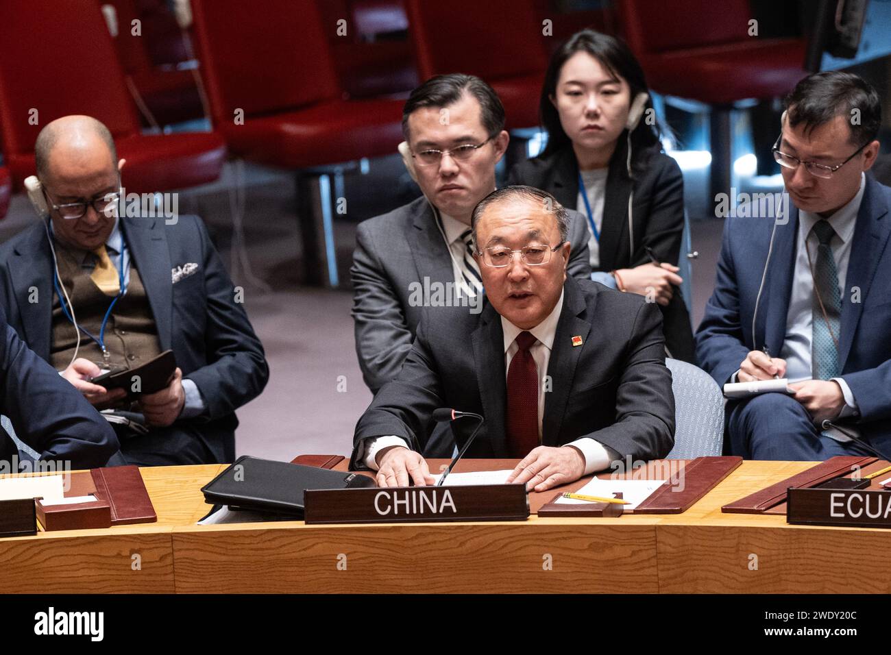 Chinese Ambassador Zhang Jun speaks during SC meeting on threats to ...