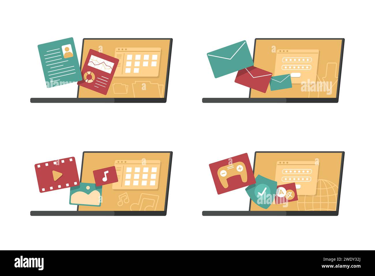 Set of Laptop Computers with Application Symbols for Technology Concept ...