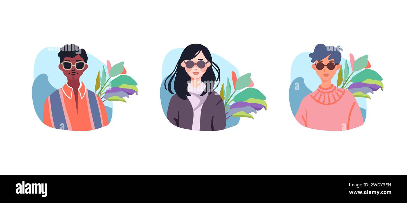 Avatar set. Folk retro. Cute anime characters. Cartoon Vector ...