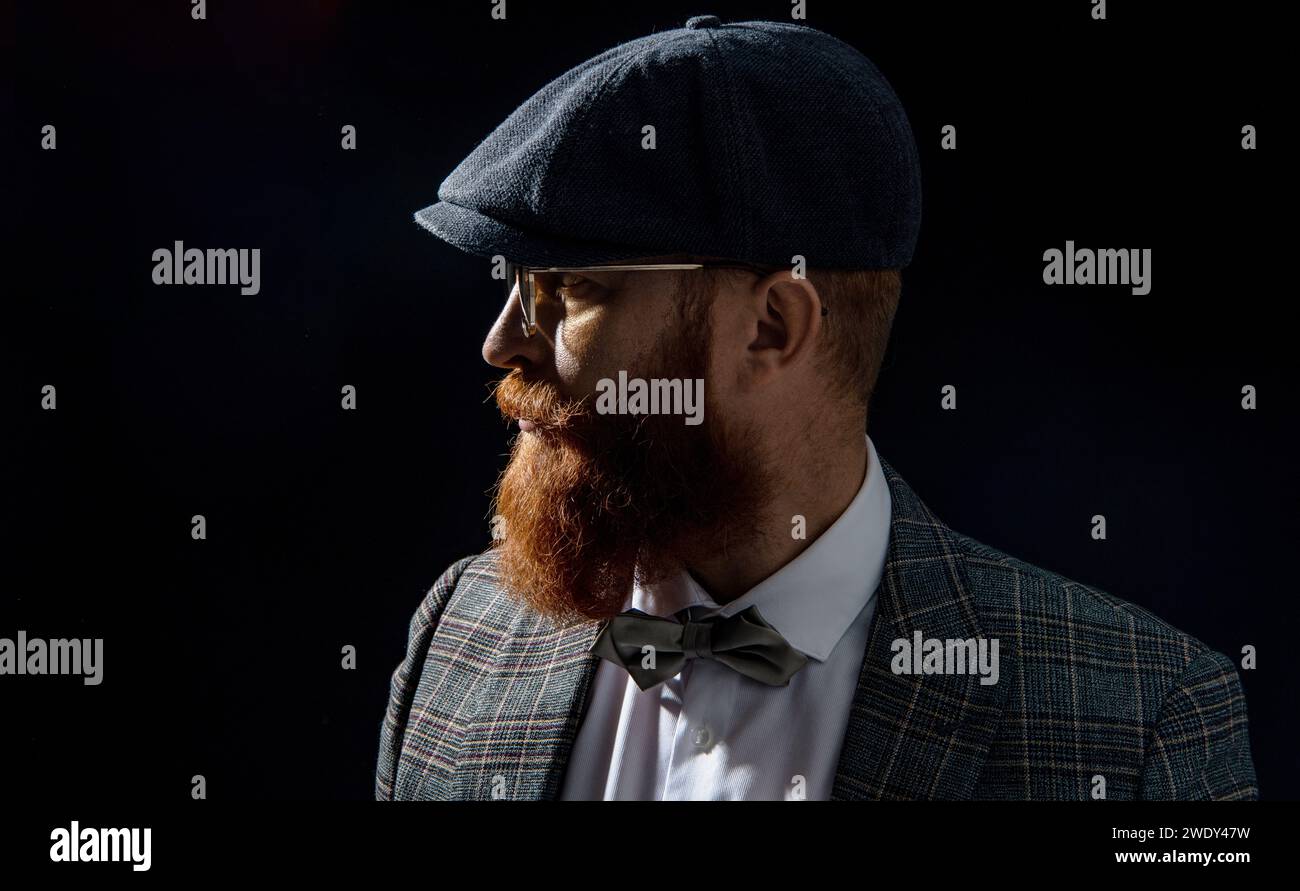 Brutal gentleman with moustache. Man gangster with beard. Bearded man ...