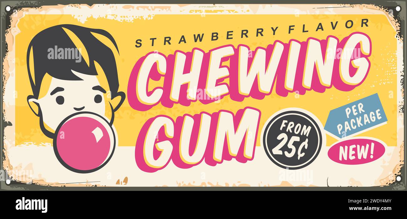 Chewing gum retro sign template for candy store. Kid blowing pink ...