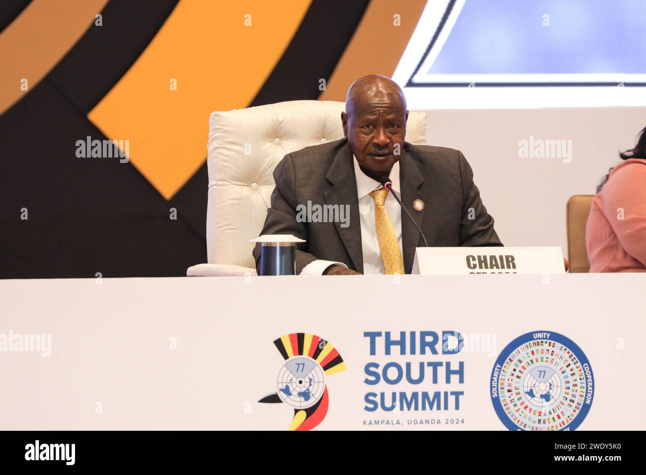 Kampala, Uganda. 21st Jan, 2024. Ugandan President Yoweri Museveni speaks at the Third South ...