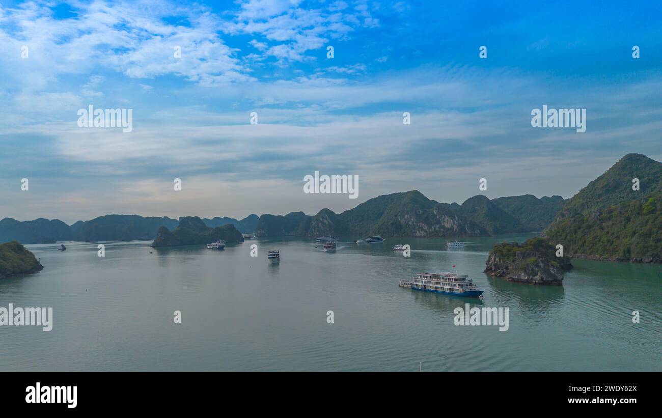 Aerial view of Ha Long bay, Vietnam on a cloudy and dark day. UNESCO ...