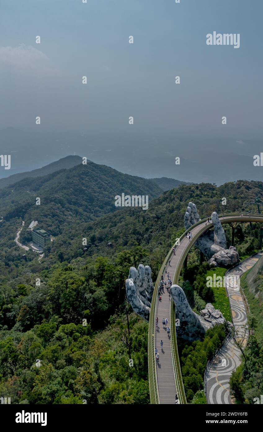 Aerial view of the Golden Bridge in Ba Na hills, Da Nang, Vietnam ...