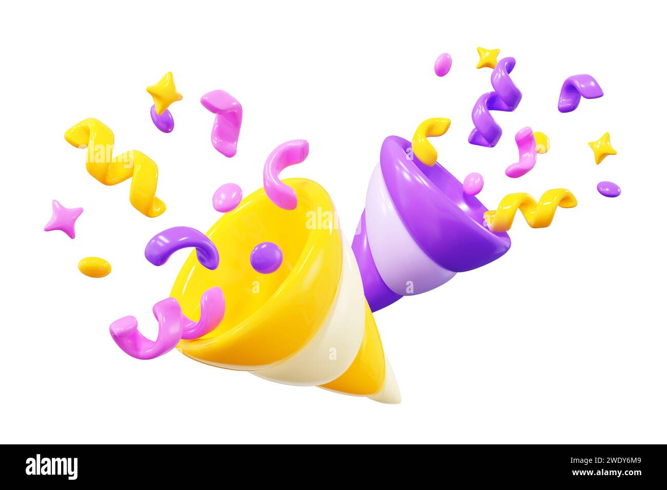 Two party popper with confetti streamer and star 3d render illustration ...