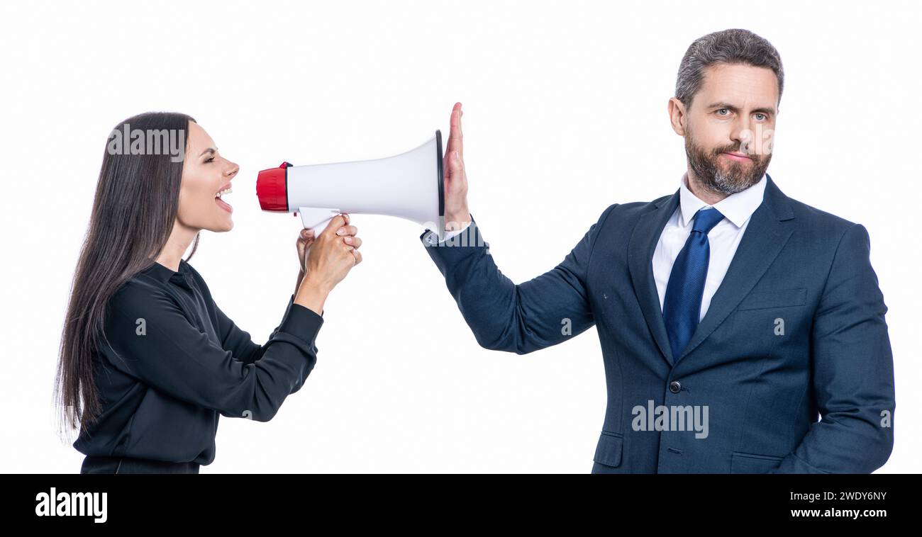businesswoman yelling at employee with loudspeaker. businesspeople ...