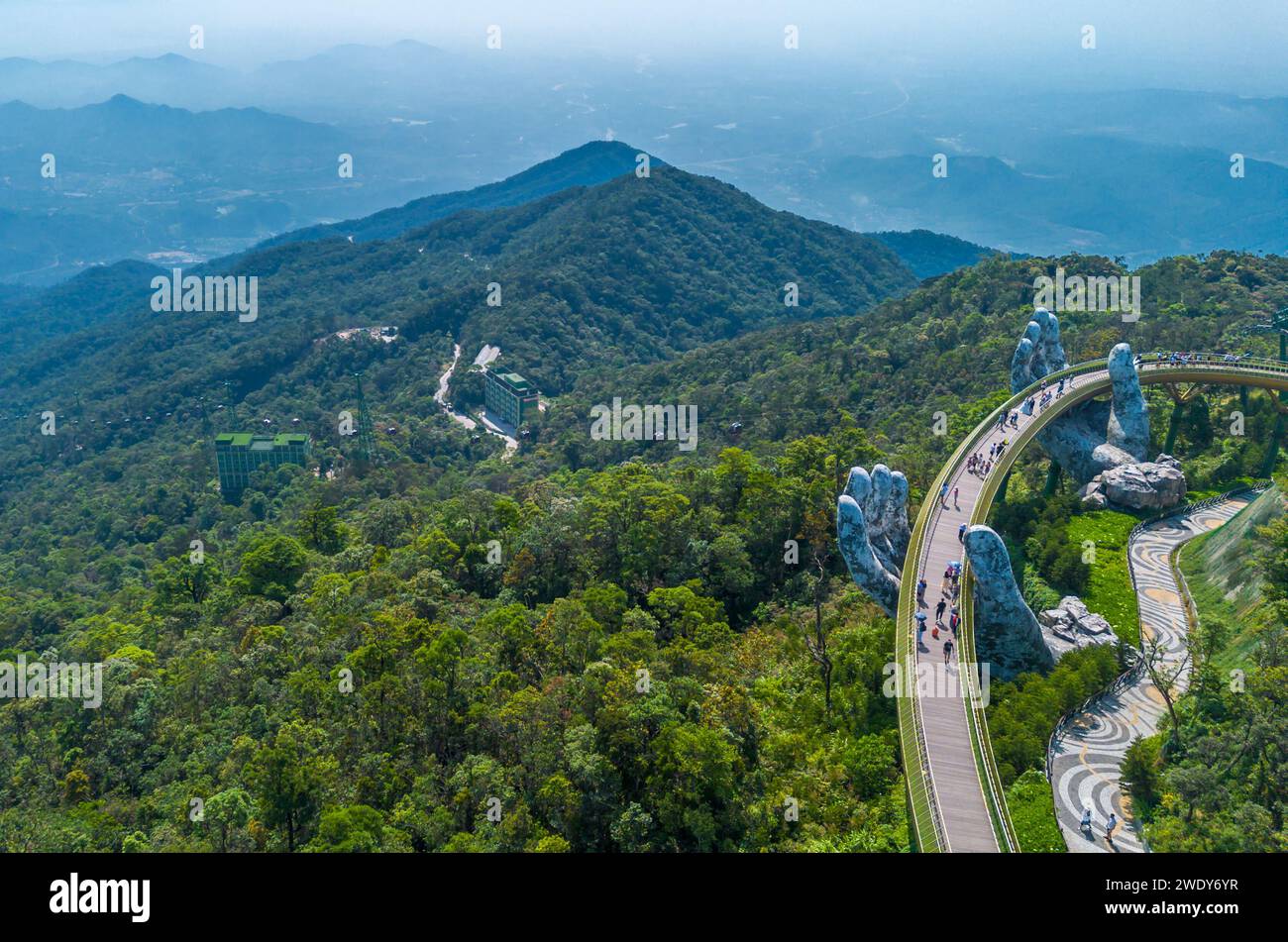 Aerial view of the Golden Bridge in Ba Na hills, Da Nang, Vietnam ...