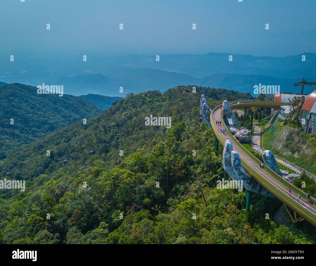 Aerial view of the Golden Bridge in Ba Na hills, Da Nang, Vietnam ...
