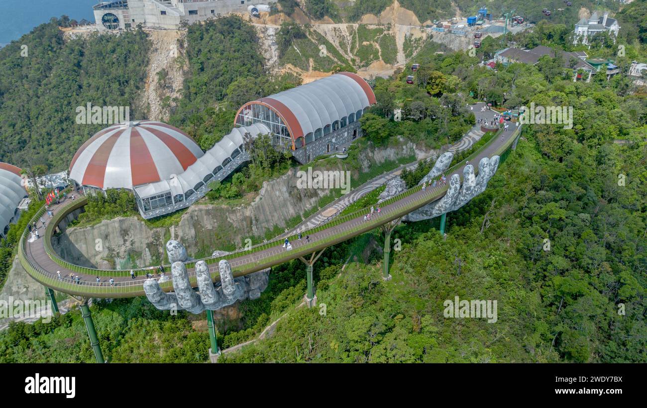 Aerial view of the Golden Bridge in Ba Na hills, Da Nang, Vietnam ...