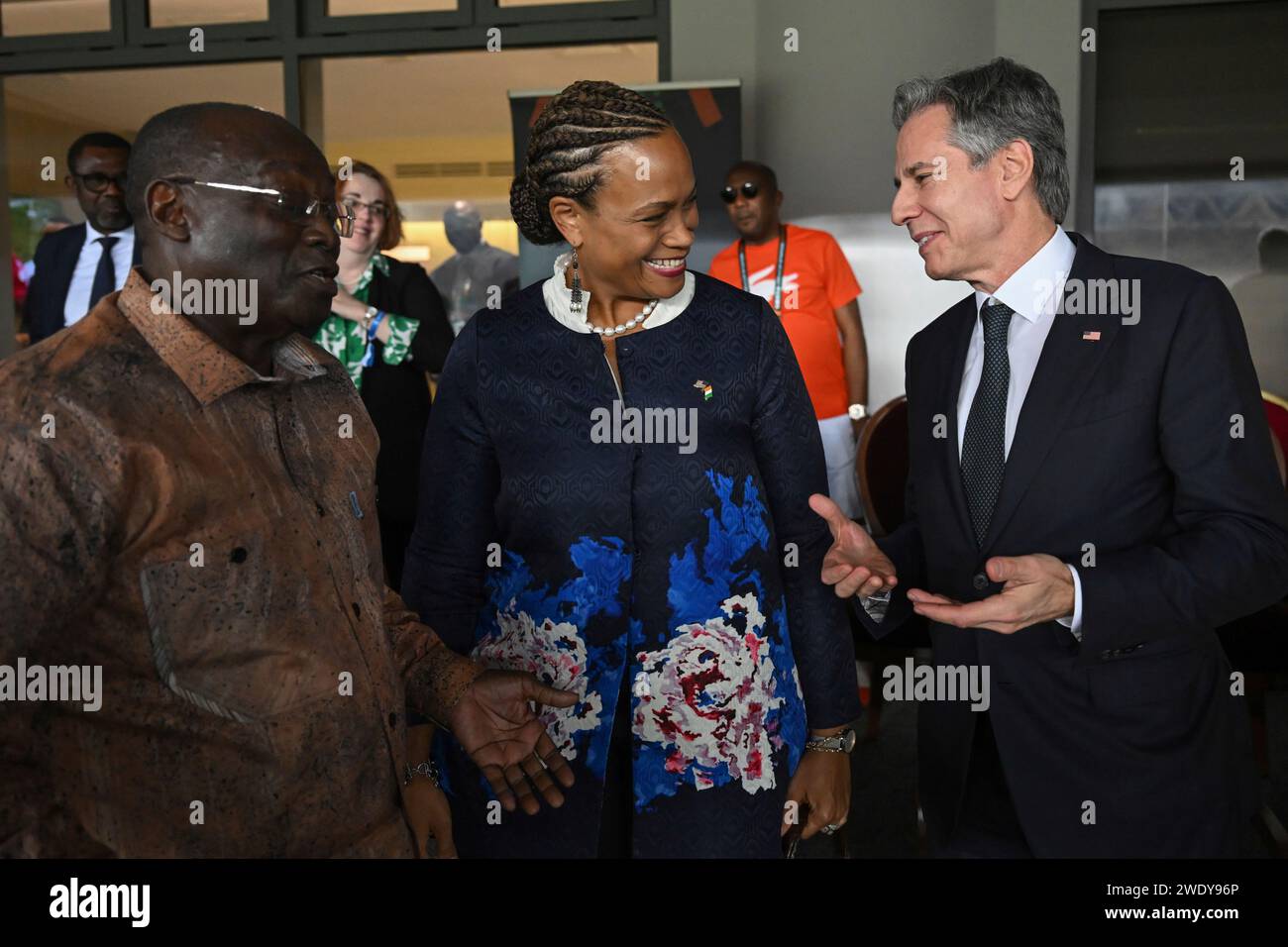 US Secretary of State Antony Blinken, right, speaks to US Ambassador to ...