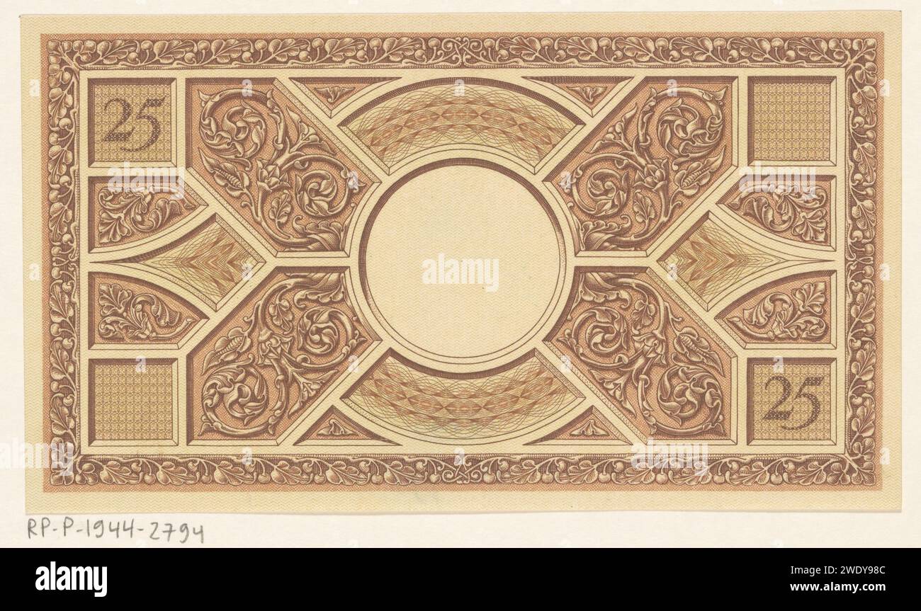 Back of a banknote of twenty -five guilders, Pieter Dupont, after ...