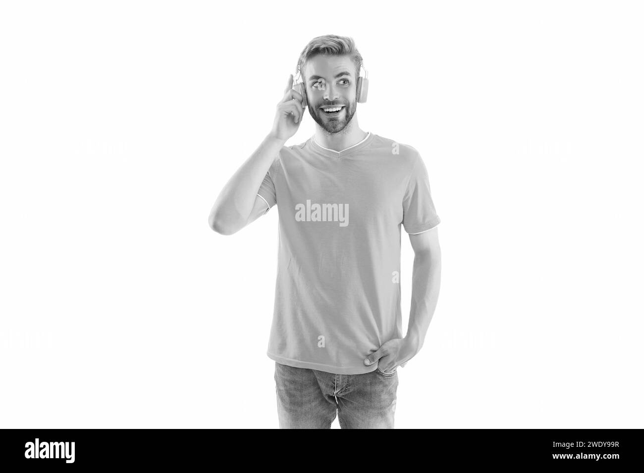 smiling man in music headphones at studio. photo of man in music ...
