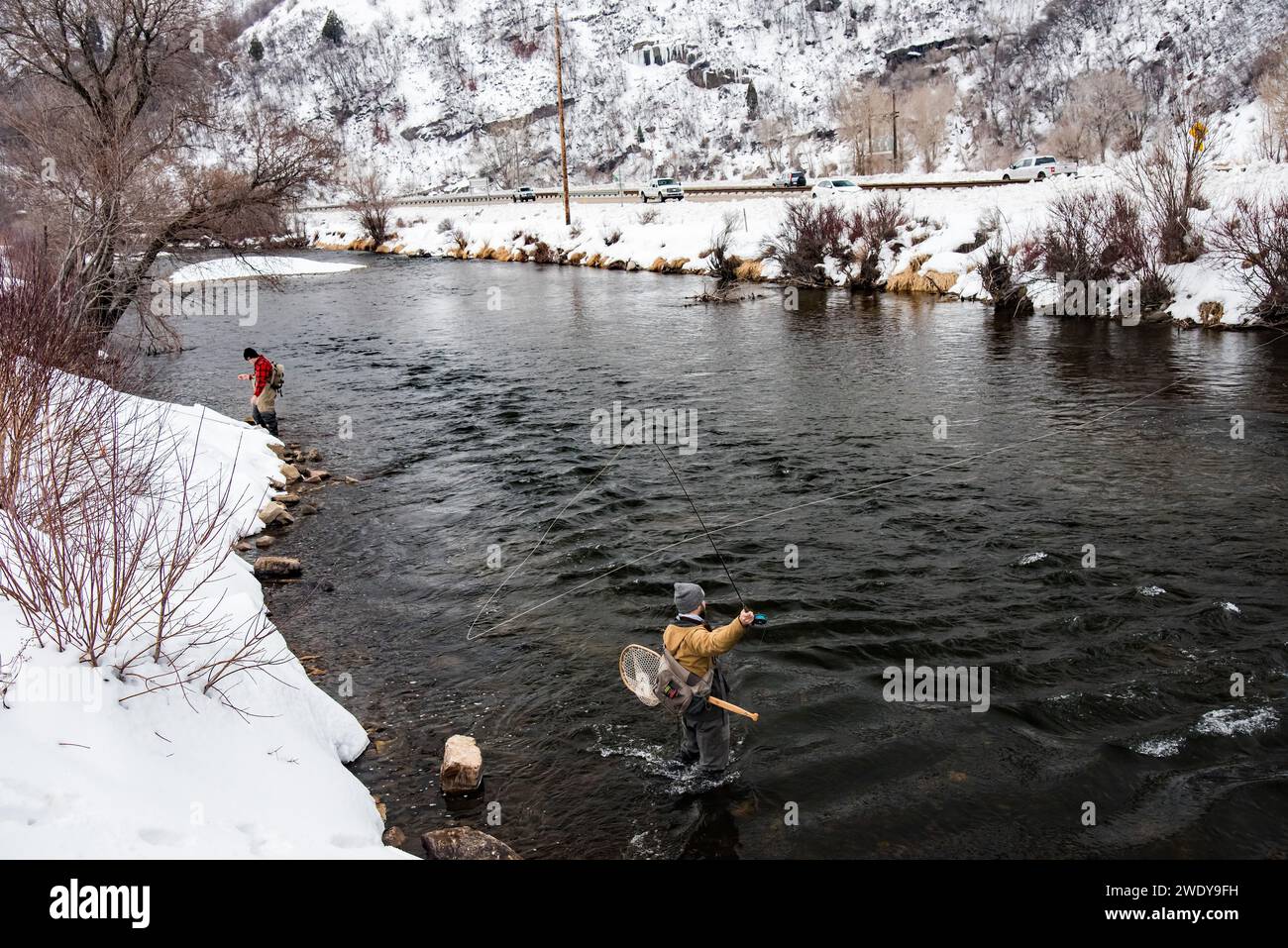 Winter fly fishing in the dark and icy waters of the Provo River, Provo ...