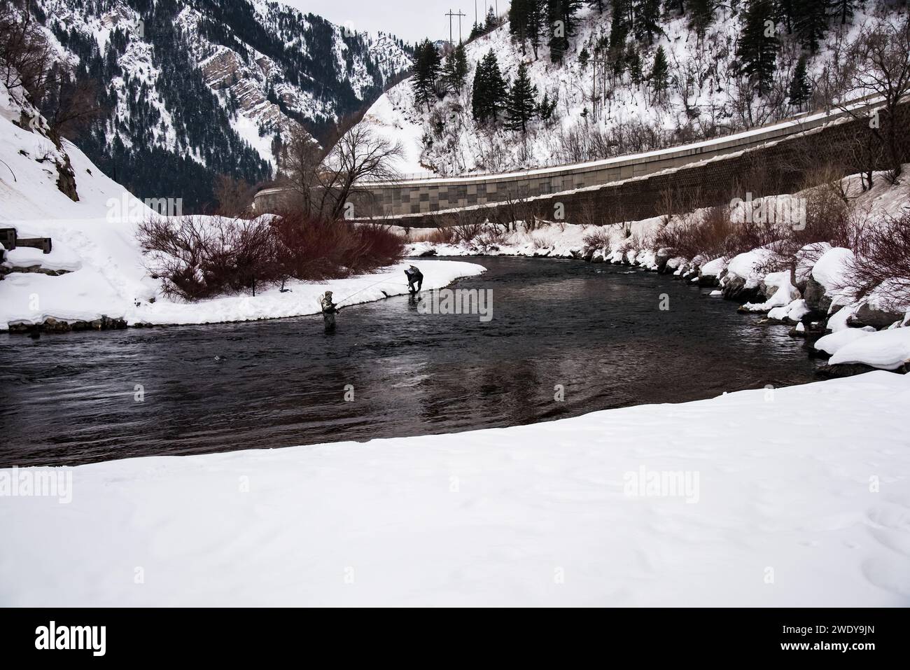 Winter fly fishing in the dark and icy waters of the Provo River, Provo ...