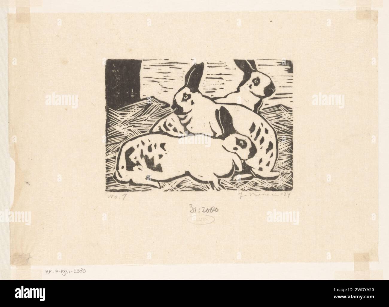 Rabbits, jo ikaan, 1924 print Three shocked rabbits in the straw ...