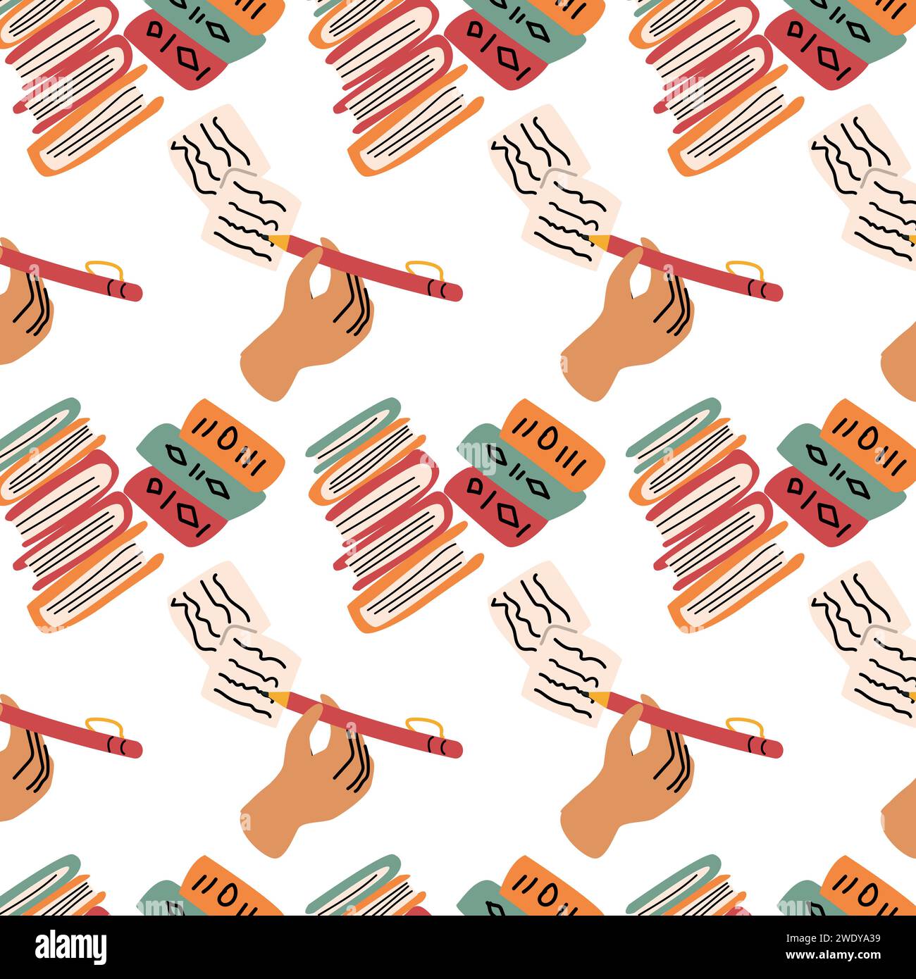 human hand writing and books seamless background. Vector illustration ...
