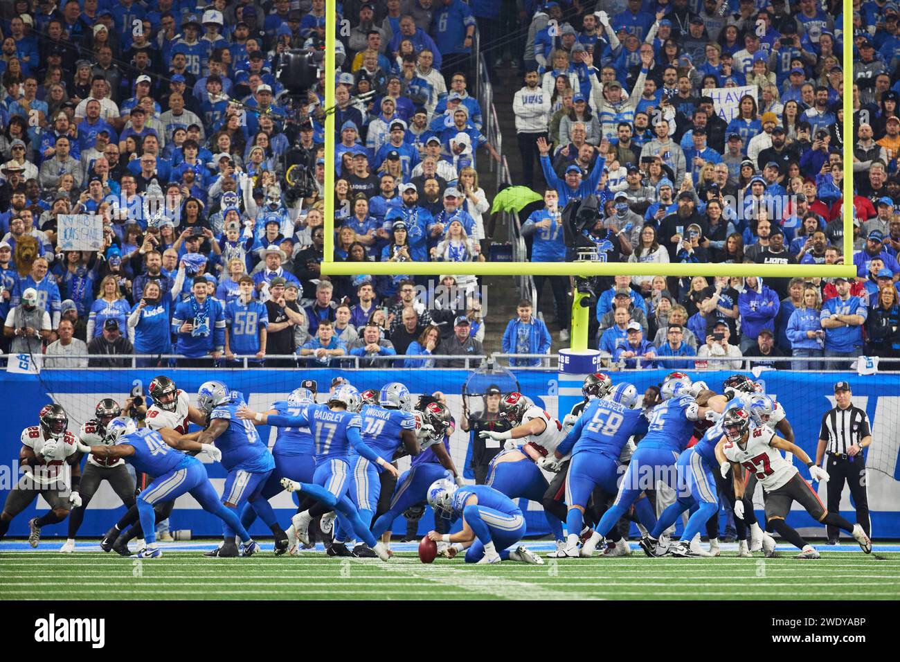 Detroit Lions place kicker Michael Badgley (17) takes a kick against ...