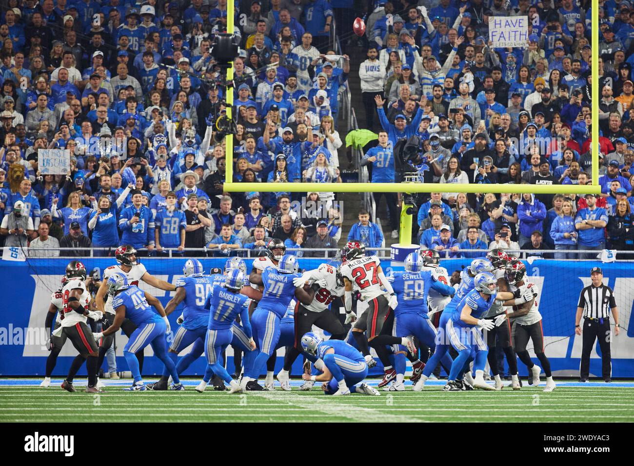 Detroit Lions place kicker Michael Badgley (17) takes a kick against ...