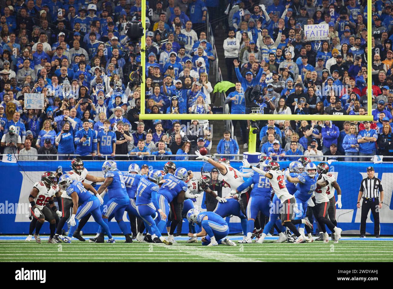 Detroit Lions place kicker Michael Badgley (17) takes a kick against ...