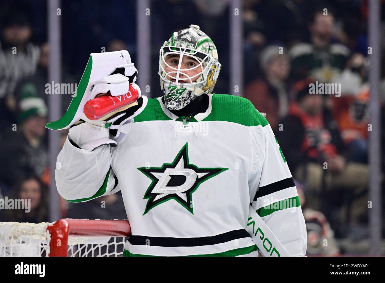Dallas Stars goaltender Jake Oettinger in action during an NHL hockey ...