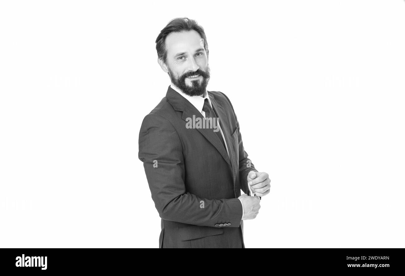 happy businessman boss isolated on white. businessman boss in studio ...