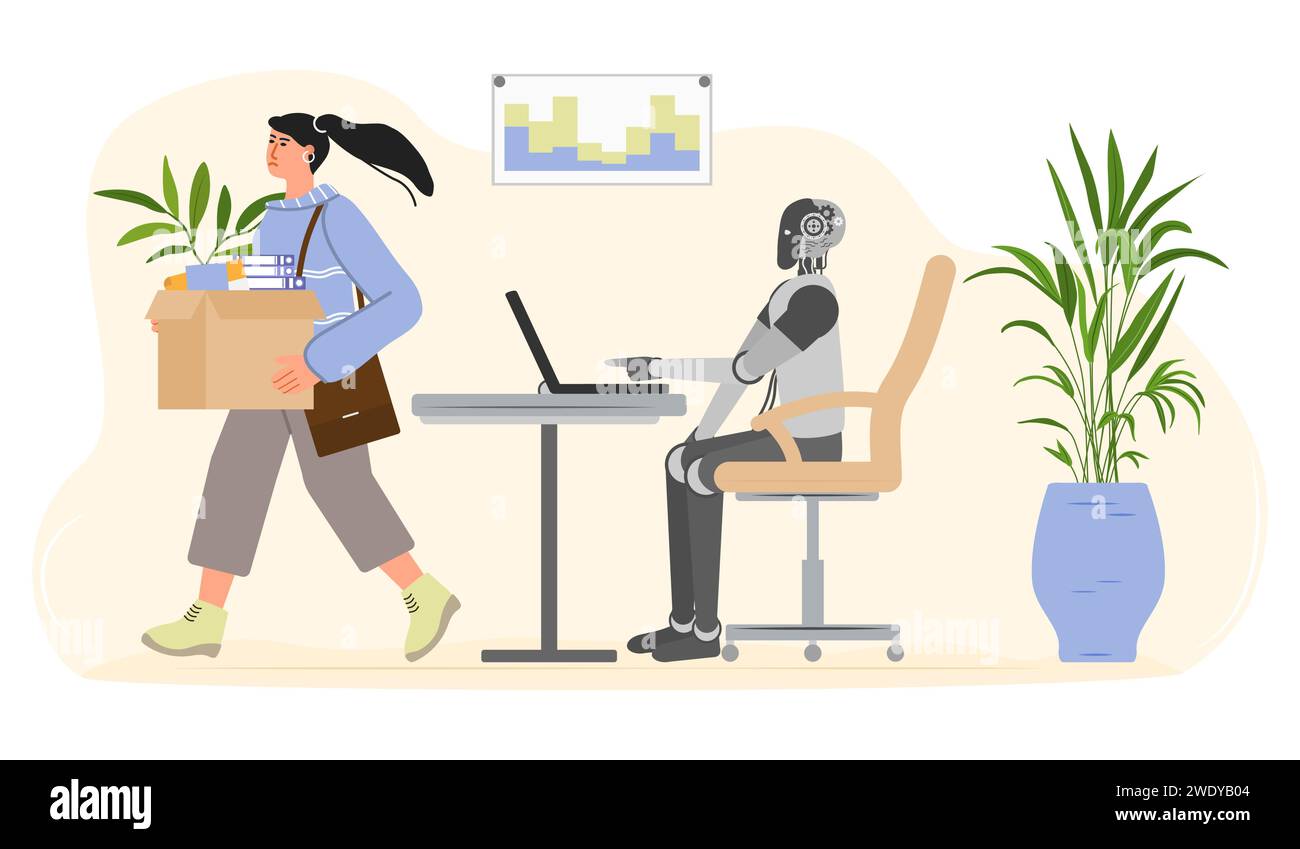 Smart AI robot took workplace, sad fired girl hold box. Unemployment ...