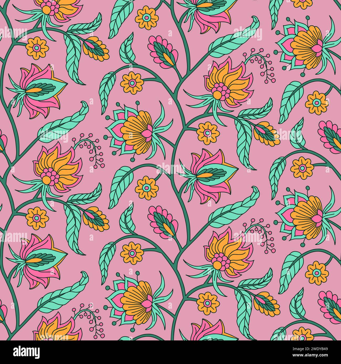 Seamless pattern with stylised indian style flowers and leaves on a ...