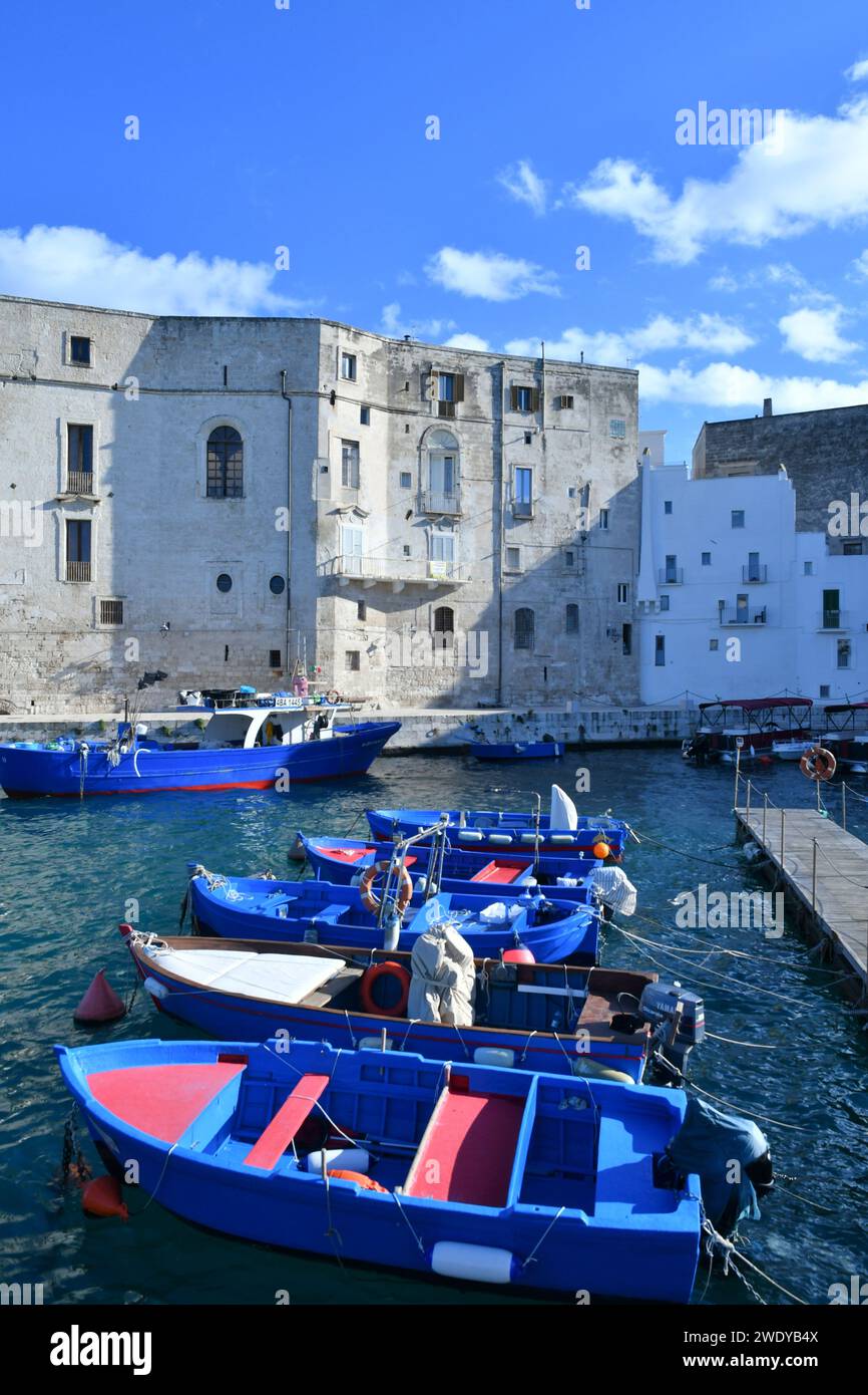 Boats in the ancient port of Monopoli, a town in the province of Bari ...