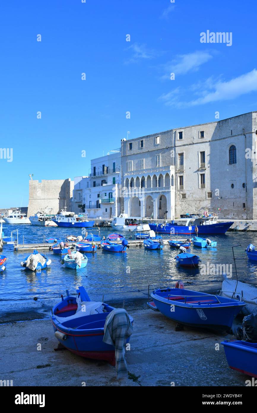 Boats in the ancient port of Monopoli, a town in the province of Bari ...