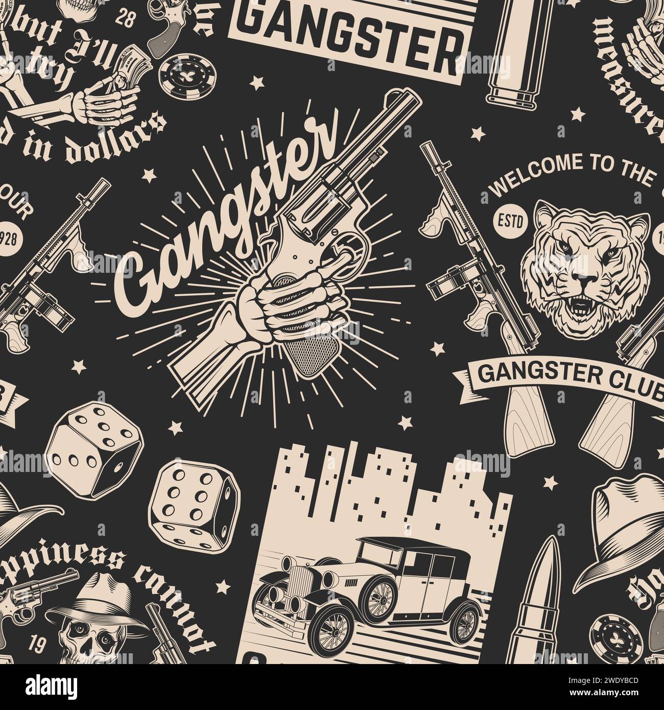 Set of gangster club seamless pattern. Vector illustration. Vintage ...