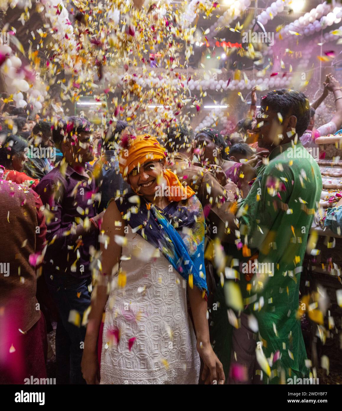 Aerial view of people celebrating the holy colour festival at Temple in ...