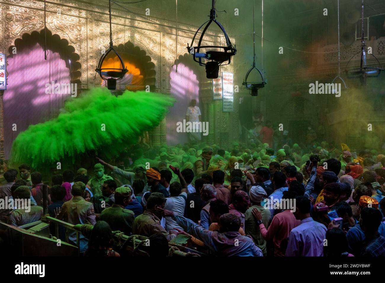 Aerial view of people celebrating the holy colour festival at Temple in ...