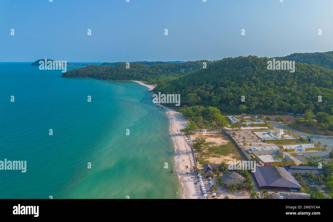 Aerial view of Sao beach with white sand and crystal clear water in Phu ...