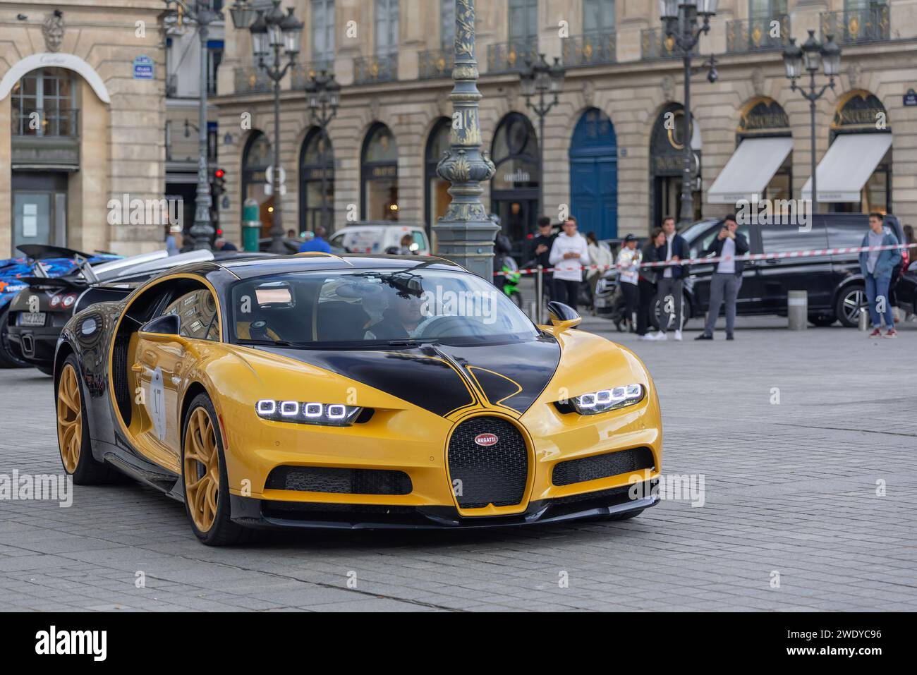 Paris, France - Bumblebee yellow and black carbone Bugatti Chiron ...