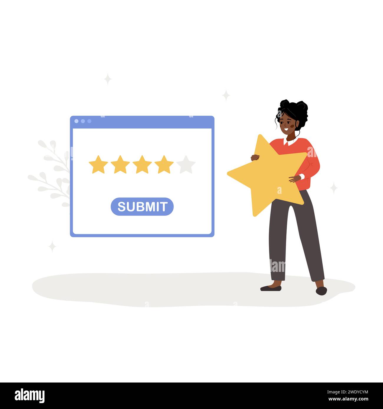 Customer review concept. African woman holding star and giving five ...