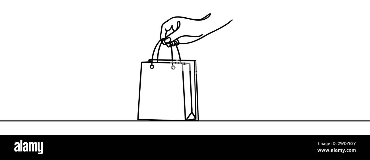 Continuous one line drawing of hand holding shopping bags. Simple paper bag line art vector ...