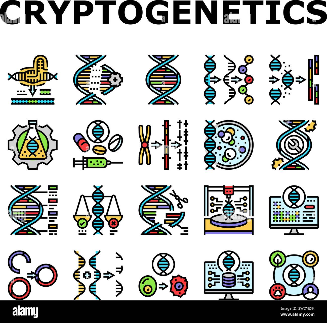Cryptogenetics Dna Gene Helix Icons Set Vector Genetic Technology