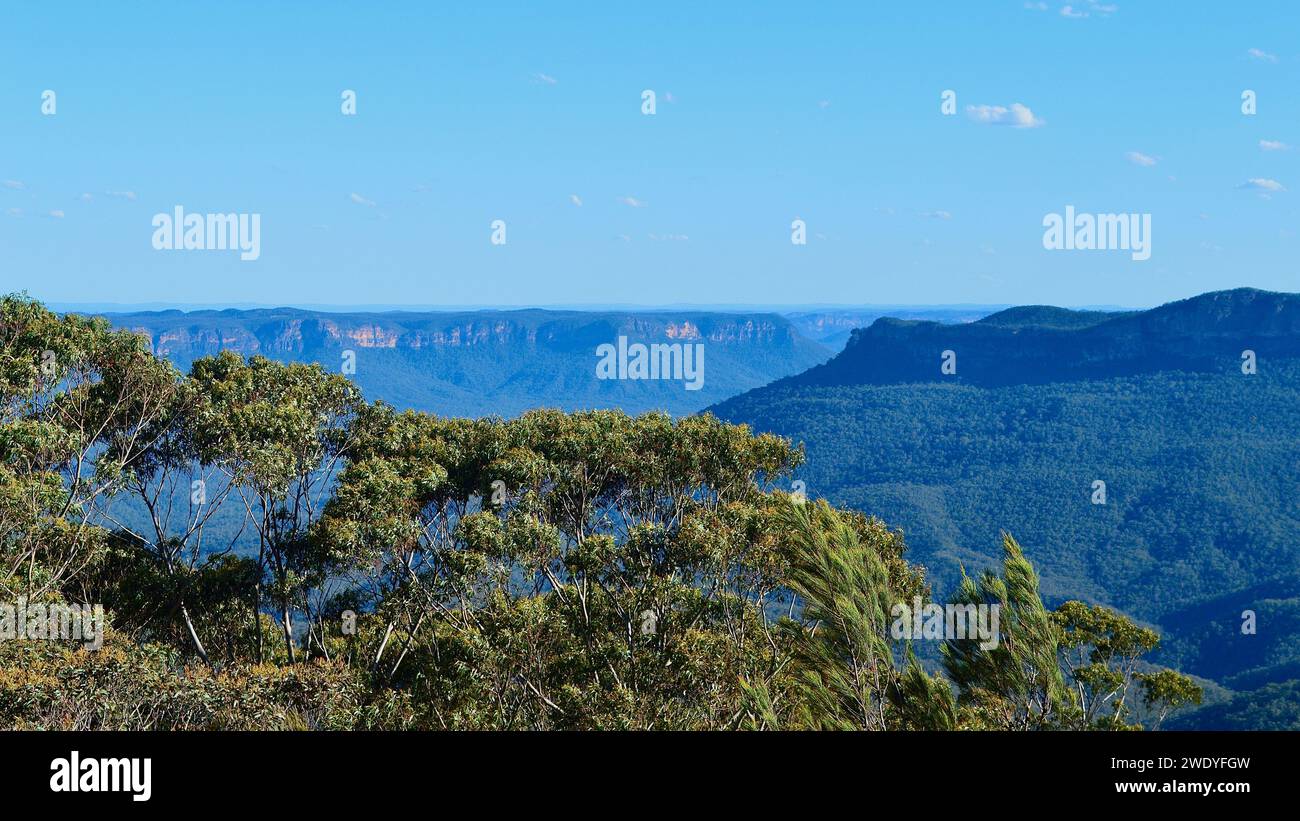 A view of the Blue Mountains from Fossil Rock on the Cliff Top Walk at ...