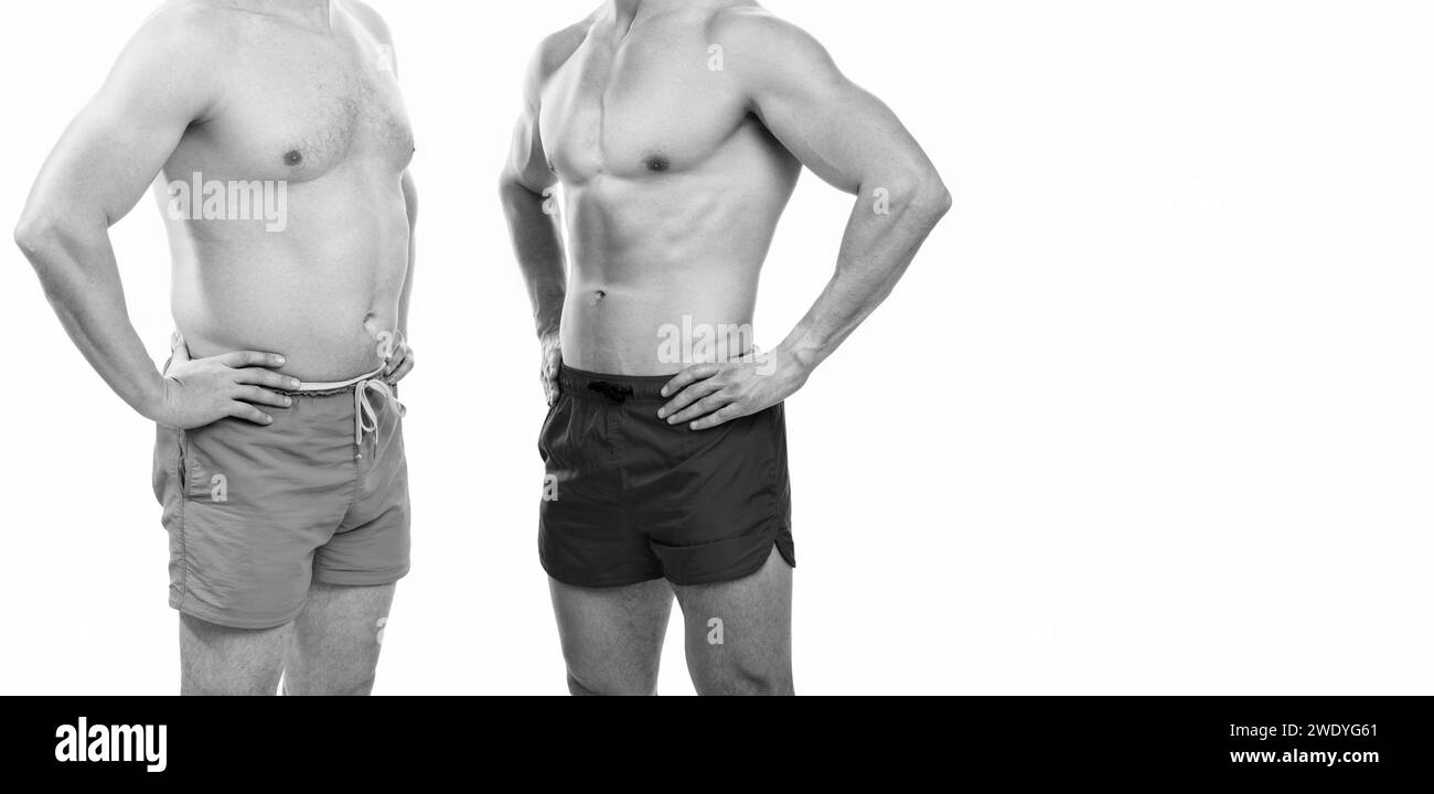 before fat after slim compare of men in studio banner. cropped view of ...
