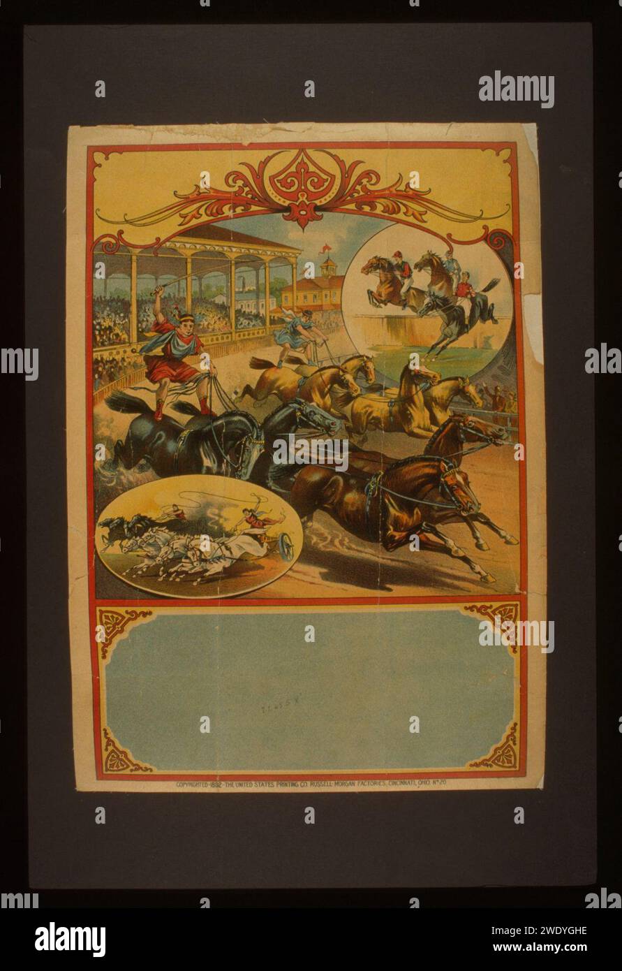 Advertising poster showing two men in classical dress riding four-horse ...