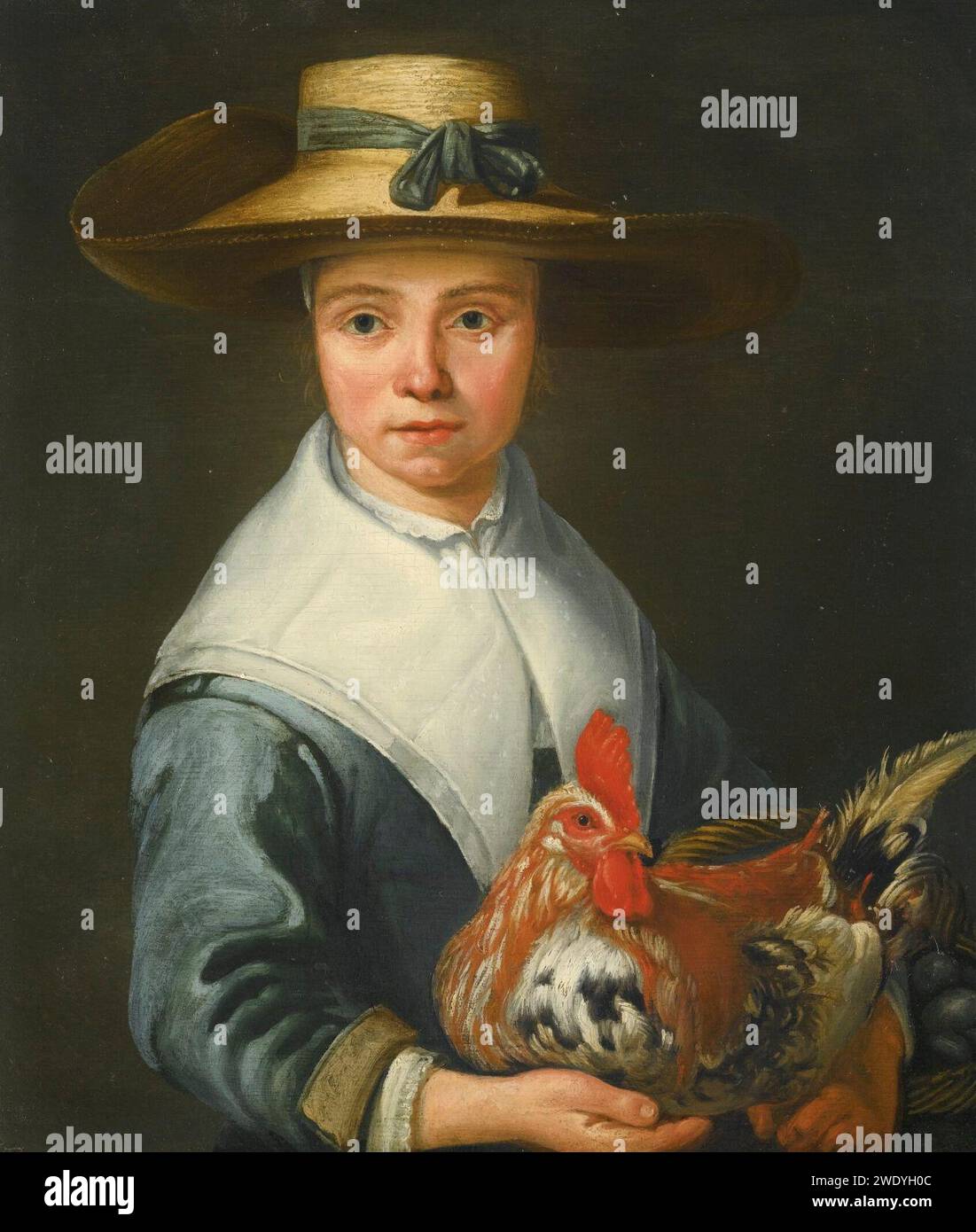 Aelbert Cuyp - Young lady in a straw hat holding a cockerel and a ...