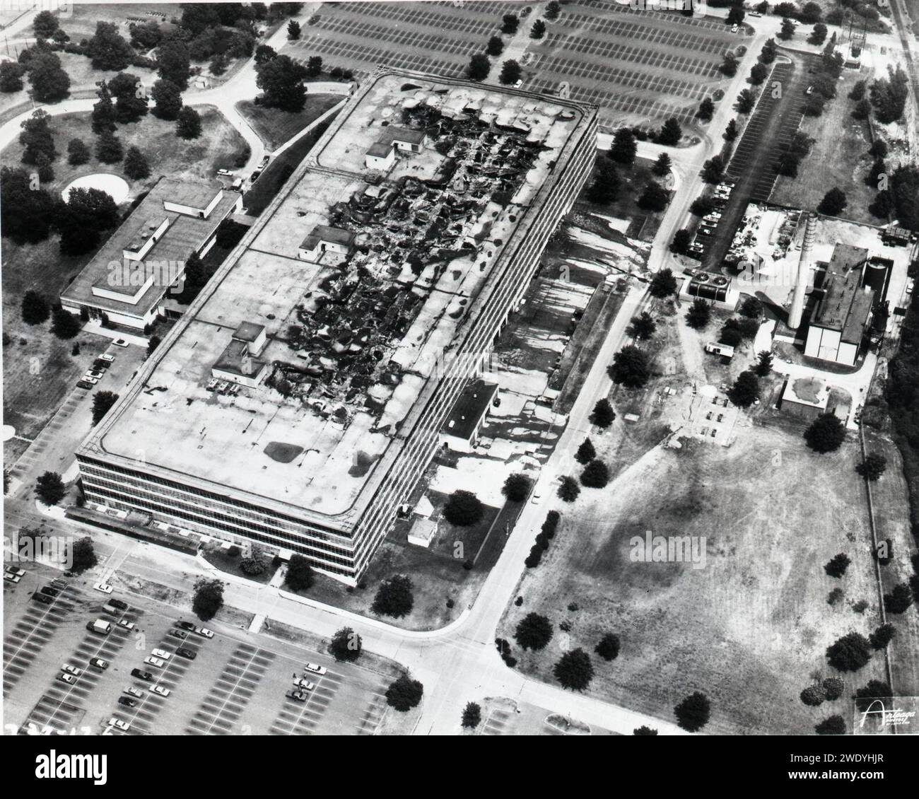 Aerial photograph of damaged building following the 1973 fire at the ...