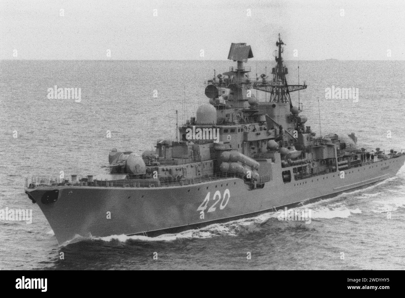 Aerial port bow view of the Russian Northern Fleet Sovremenny class ...