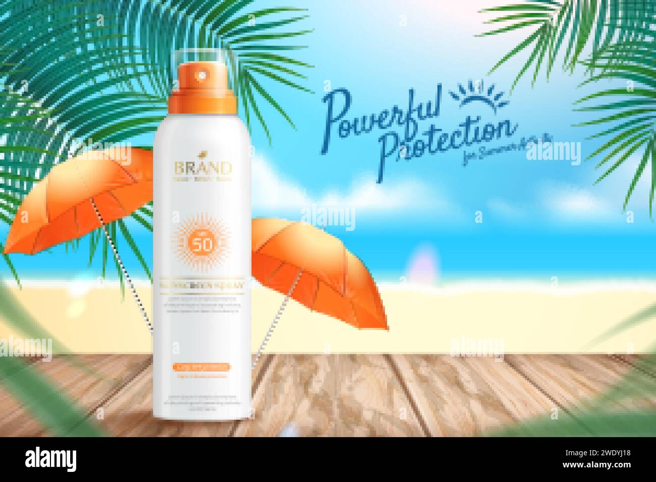 Sunscreen spray ads on wooden table and bokeh beach background in 3d ...